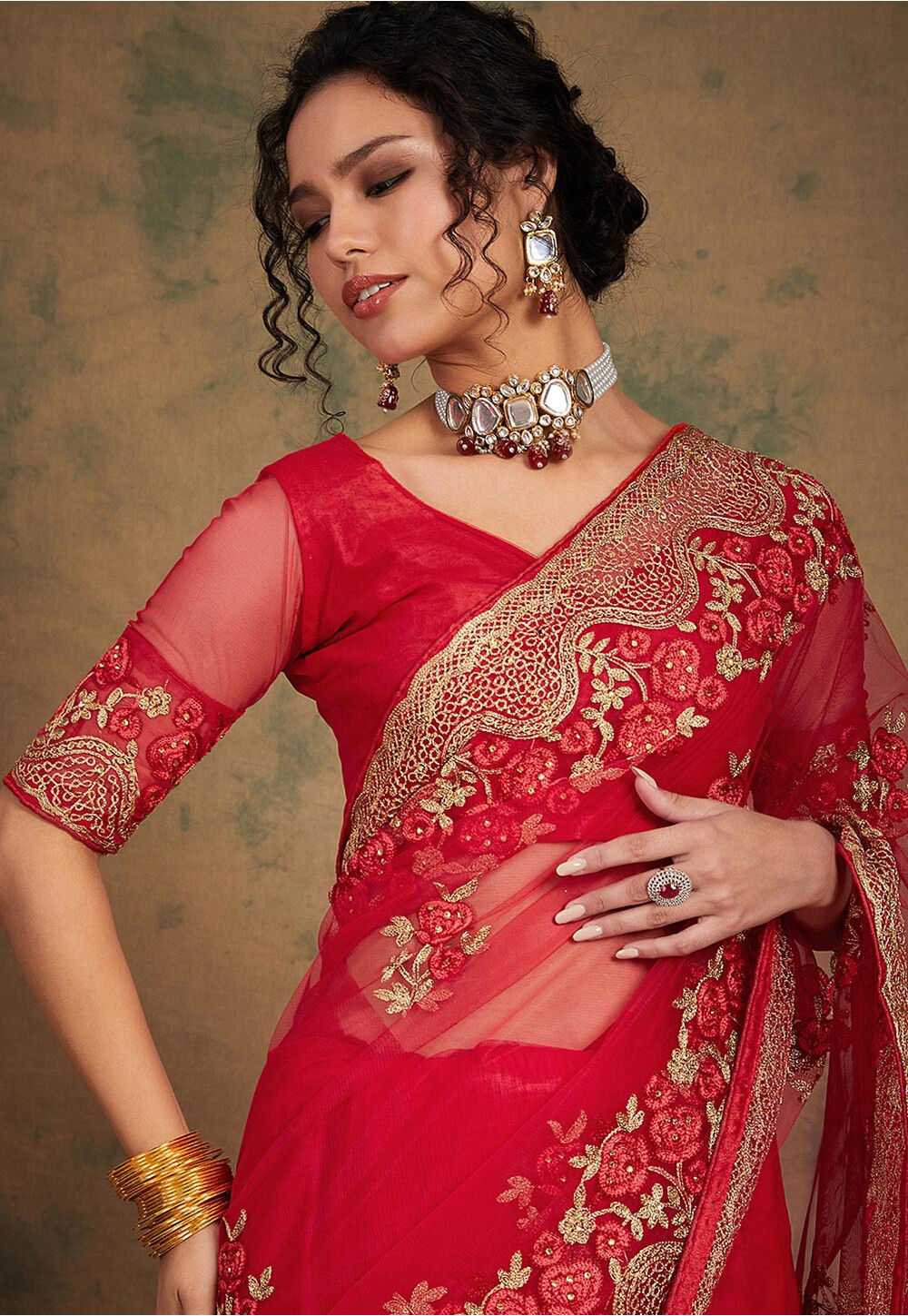 Buy Embroidered Net Saree in Red Online : SSKT608 - Utsav Fashion