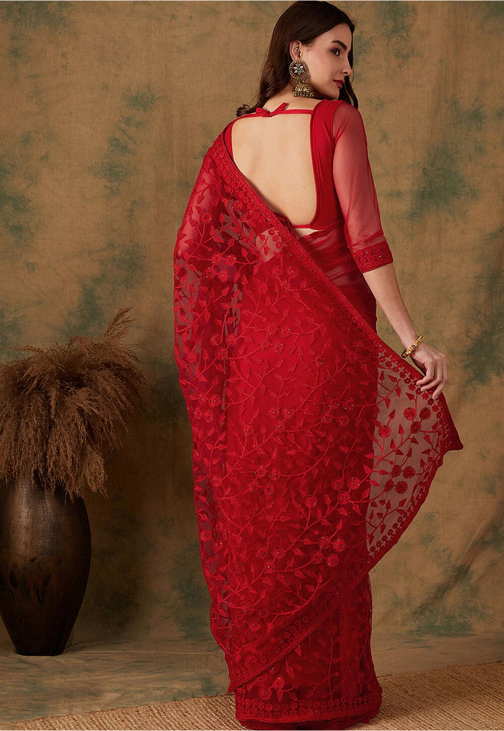 Buy Embroidered Net Saree in Red Online : SUY72 - Utsav Fashion