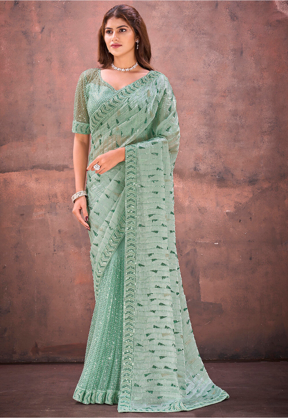 Buy Embroidered Net Saree in Sea Green Online : SBHA3955 - Utsav Fashion