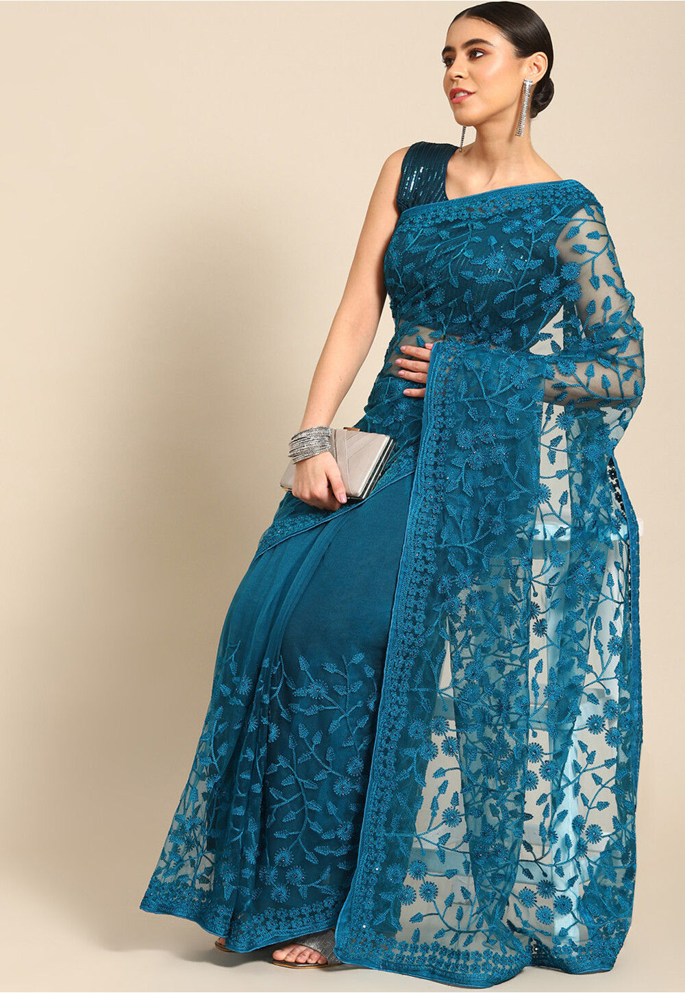 Buy Embroidered Net Saree in Teal Blue Online : SBHA1336 - Utsav Fashion