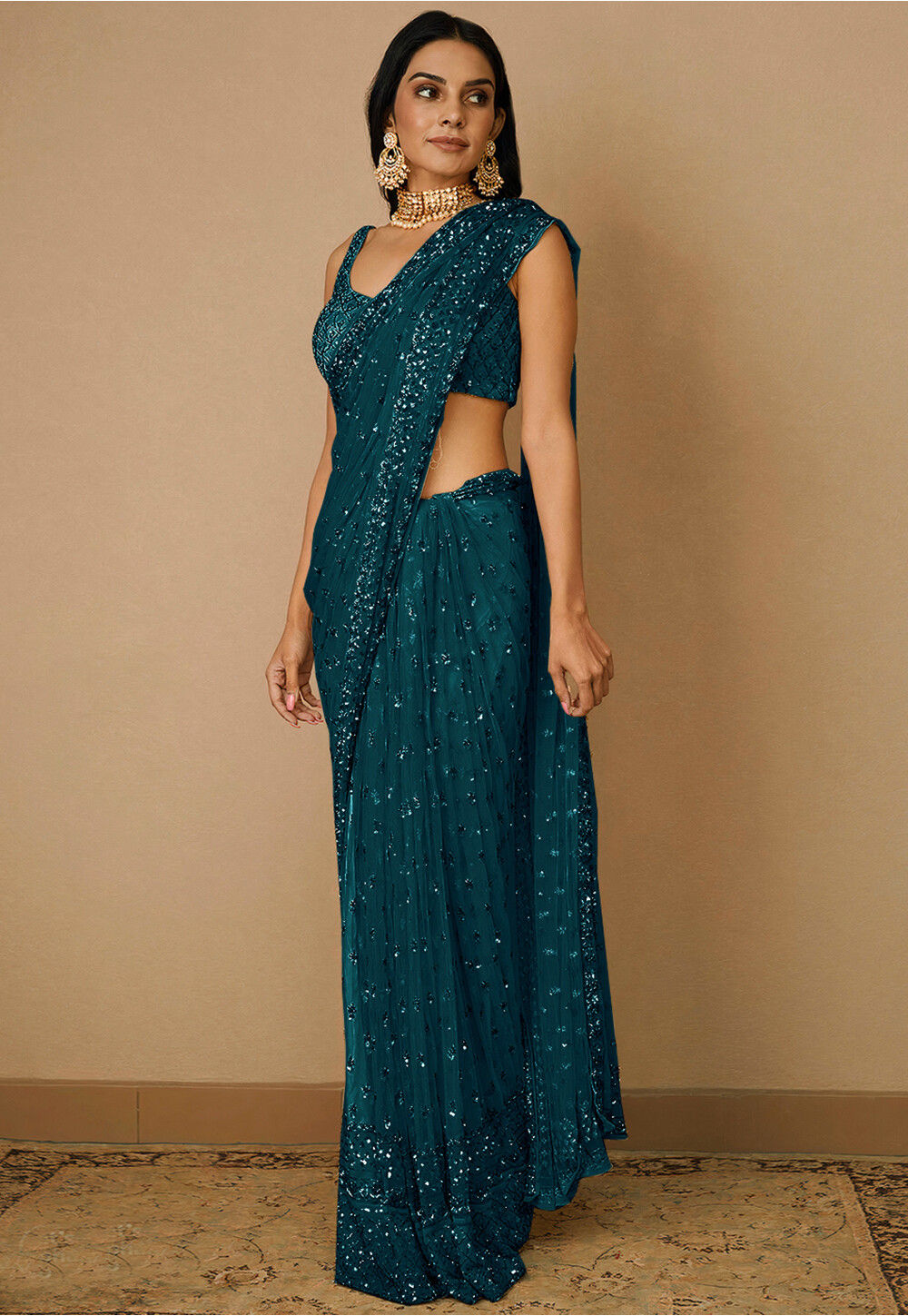Buy Embroidered Net Saree in Teal Blue Online : SPTA12631 - Utsav Fashion