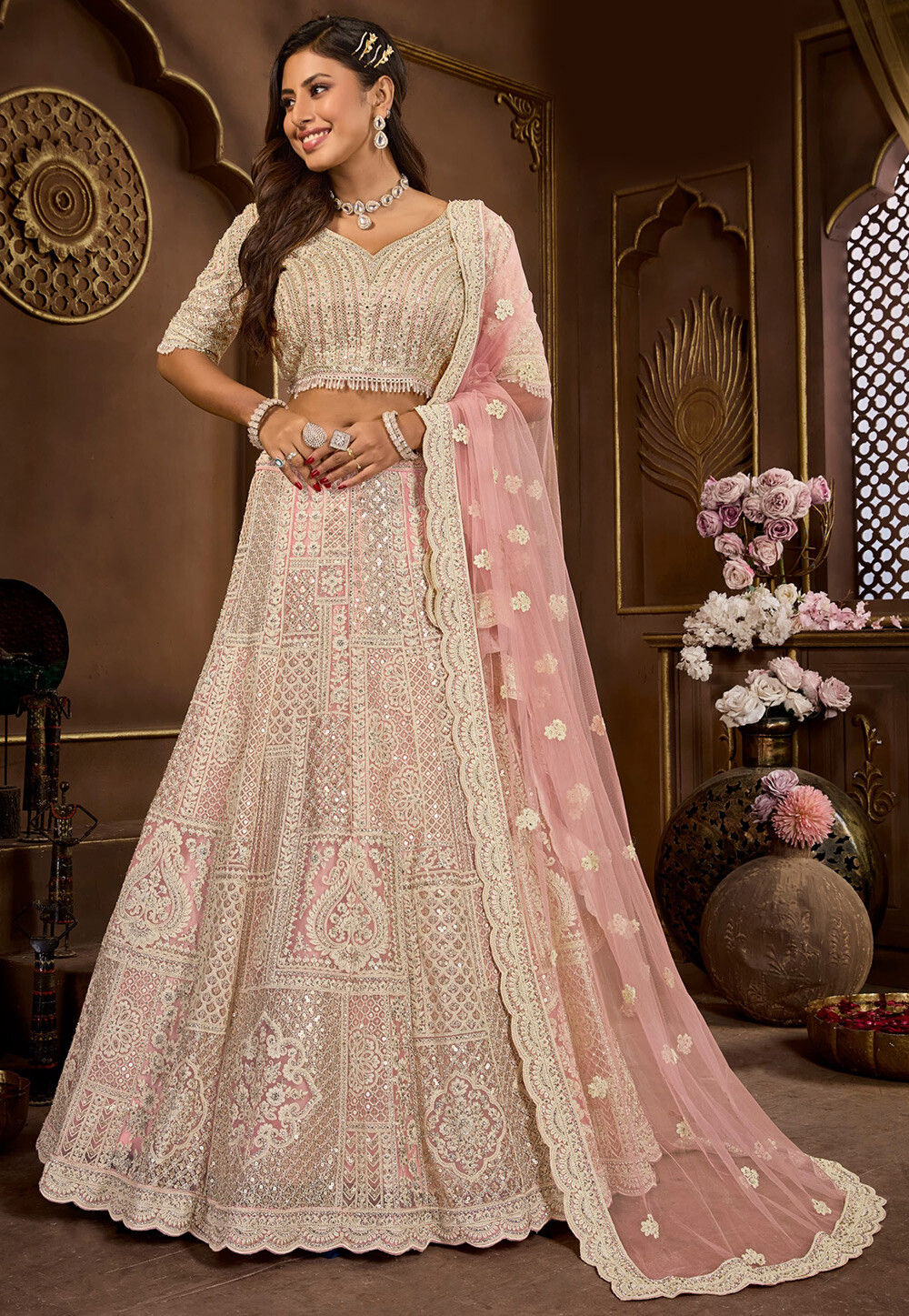 Buy Embroidered Net Scalloped Lehenga in Light Pink Online : LCC3324 ...