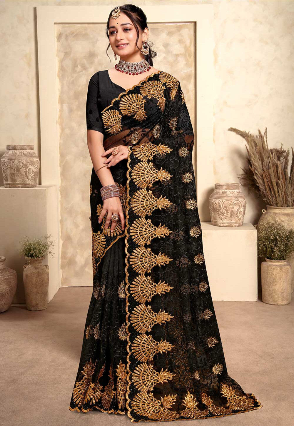 Buy Embroidered Net Scalloped Saree in Black Online : SCBA5258 - Utsav ...