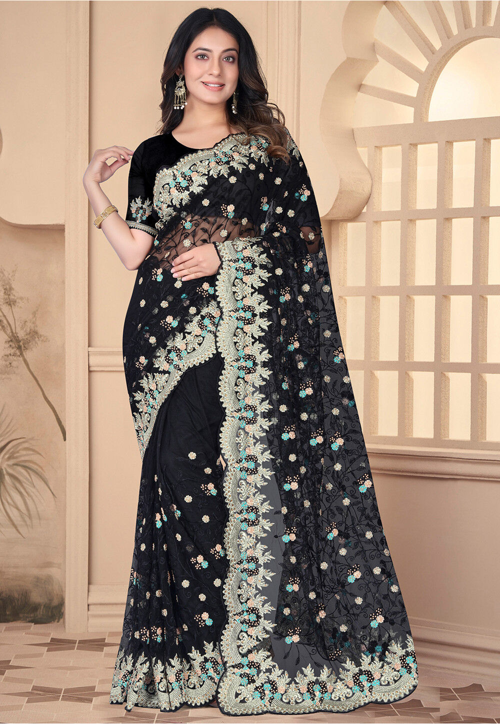 Buy Embroidered Net Scalloped Saree in Black Online : SCBA5538 - Utsav ...