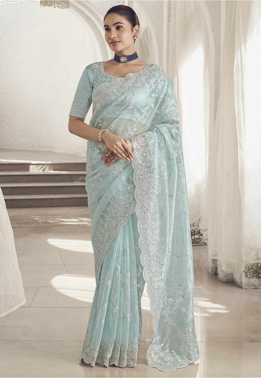 Buy Embroidered Net Scalloped Saree in Light Blue Online : SET237 ...