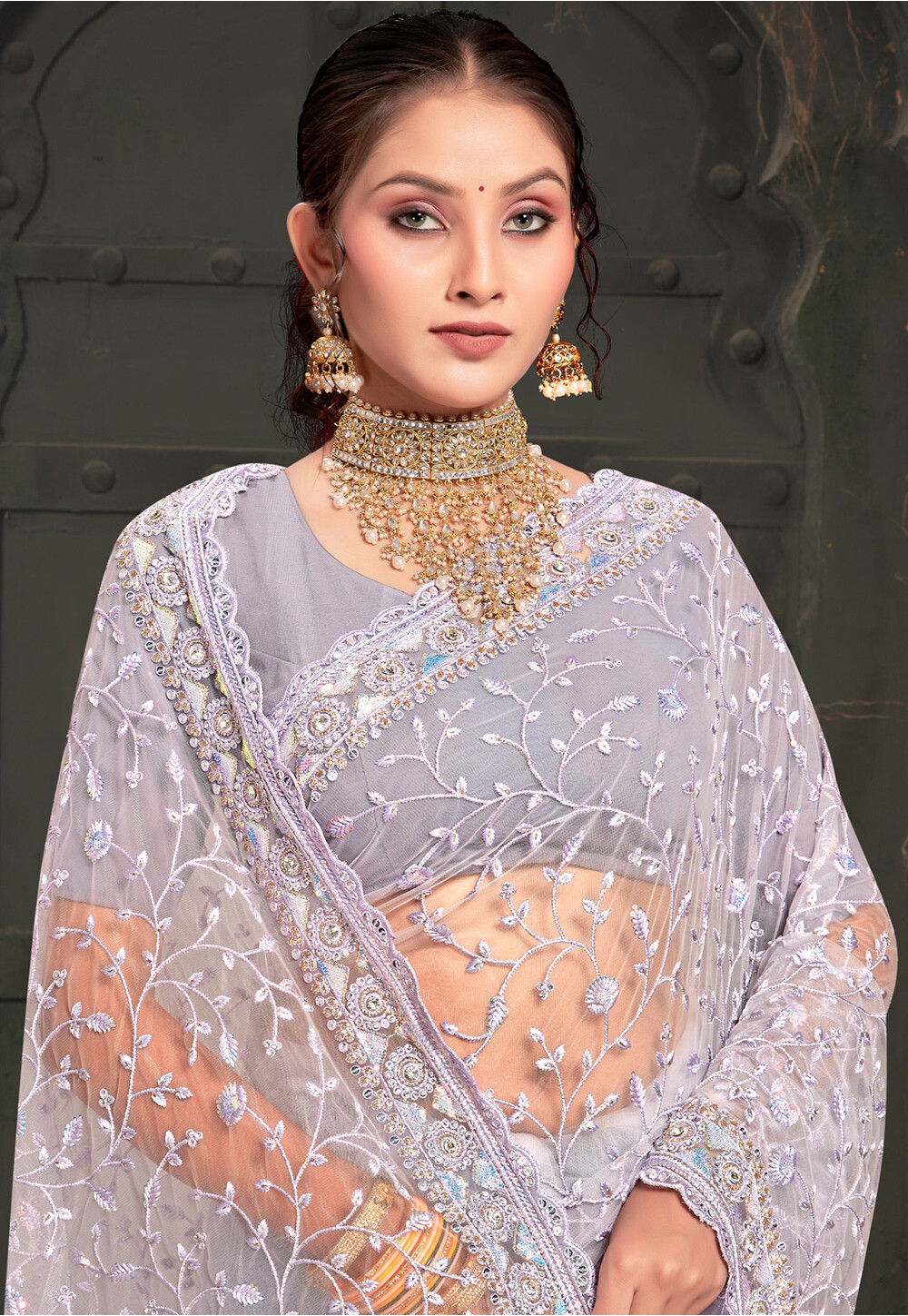 Buy Embroidered Net Scalloped Saree in Light Purple Online : SCBA5640 ...