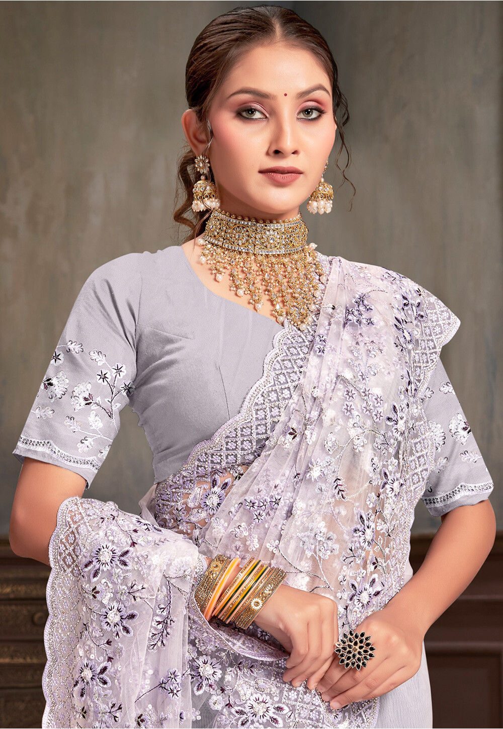 Buy Embroidered Net Scalloped Saree in Light Purple Online : SCBA5645 ...