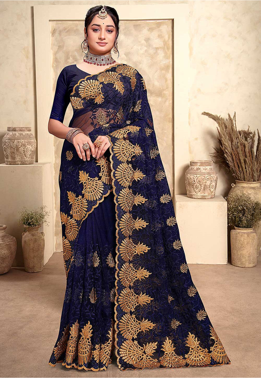 Buy Embroidered Net Scalloped Saree in Navy Blue Online : SCBA5261 ...