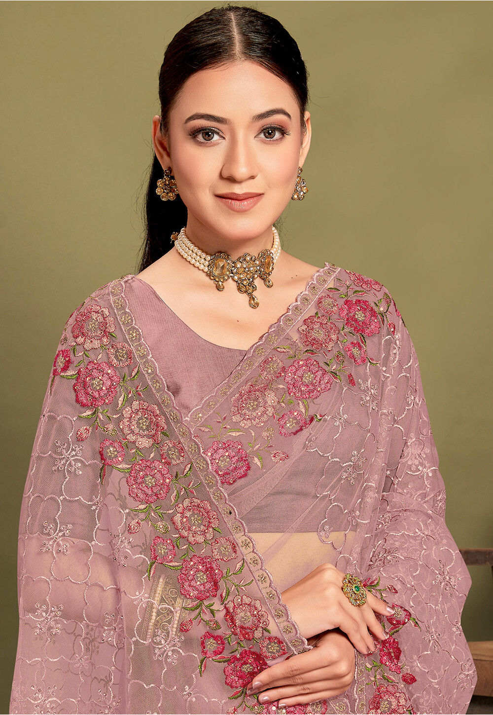 Buy Embroidered Net Scalloped Saree in Old Rose Online : SCBA5917 ...