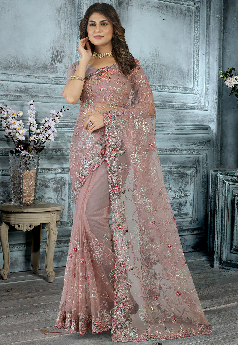 Buy Embroidered Net Scalloped Saree in Old Rose Online : SCBA4640 ...