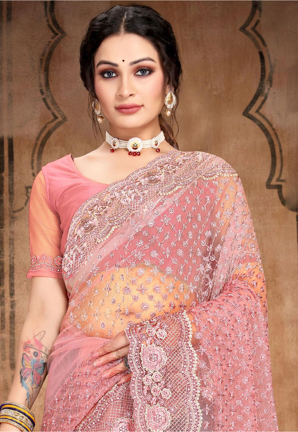 Buy Embroidered Net Scalloped Saree in Peach Online : SCBA4363 - Utsav ...