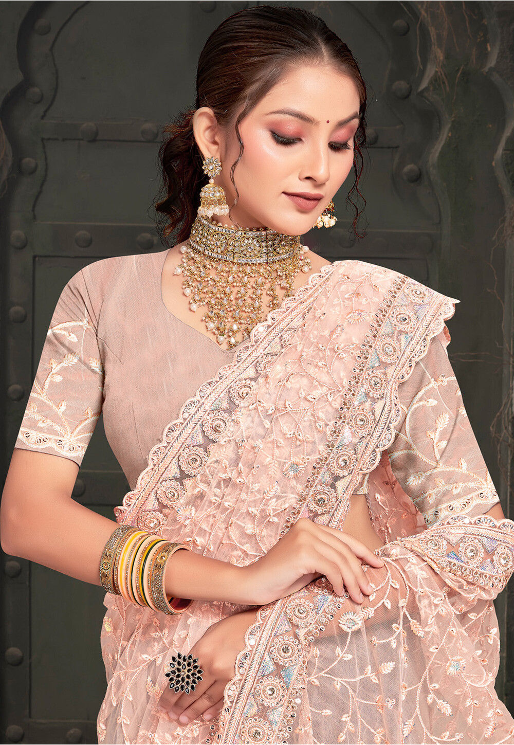 Buy Embroidered Net Scalloped Saree in Peach Online : SCBA5641 - Utsav ...