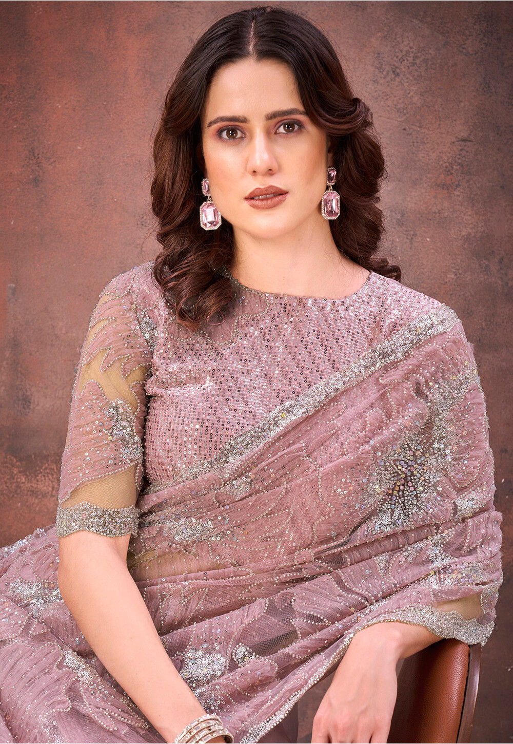 Buy Embroidered Net Scalloped Saree in Pink Online : SBHA3949 - Utsav ...