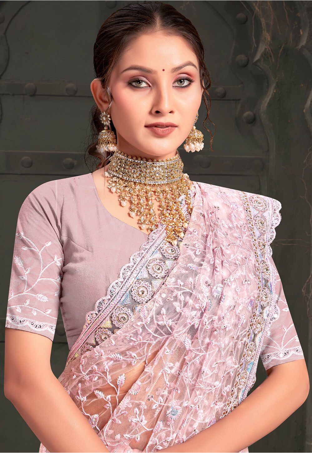 Buy Embroidered Net Scalloped Saree in Pink Online : SCBA5643 - Utsav ...