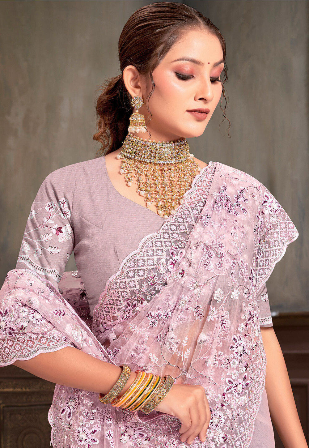 Buy Embroidered Net Scalloped Saree in Pink Online : SCBA5648 - Utsav ...