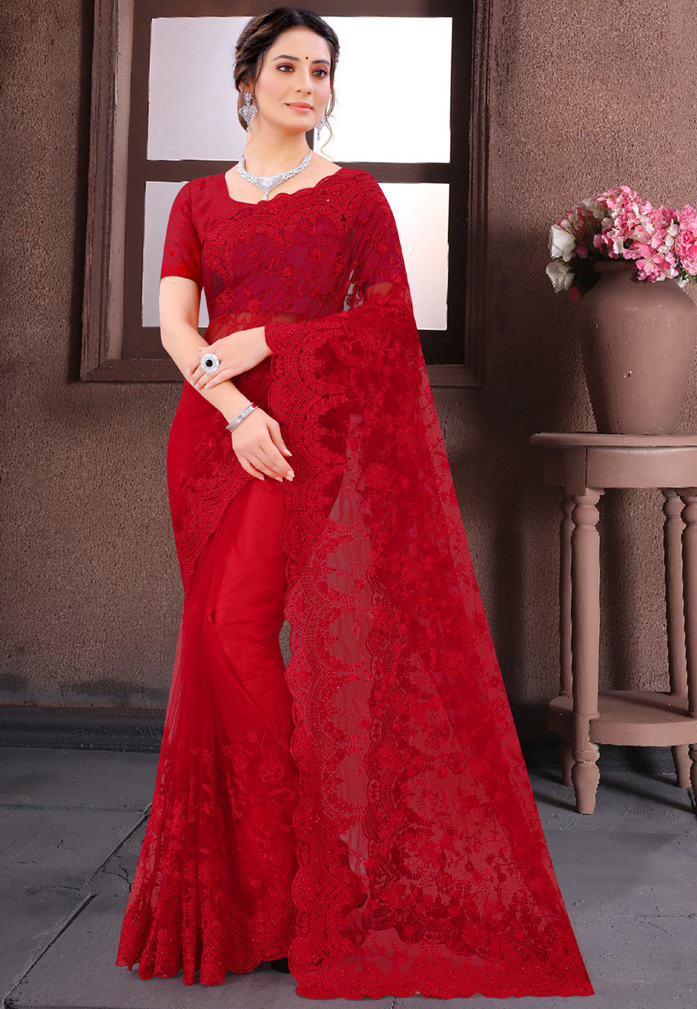 Buy Embroidered Net Scalloped Saree in Red Online : SCBA2823 - Utsav ...
