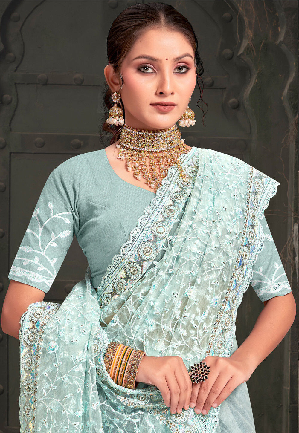 Buy Embroidered Net Scalloped Saree in Sea Green Online : SCBA5642 ...