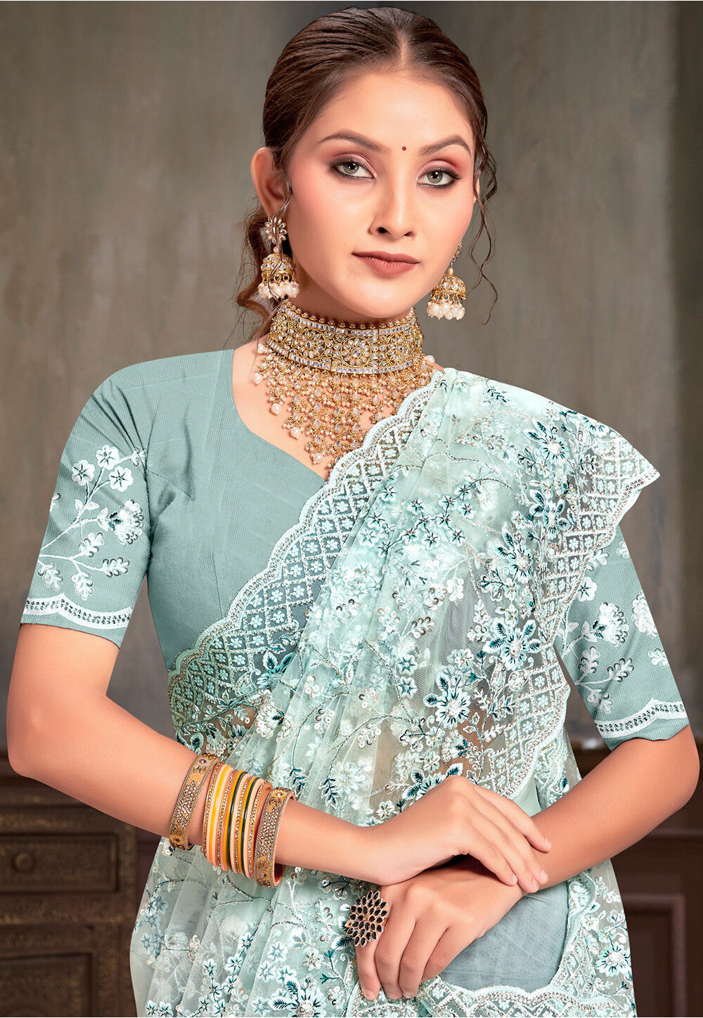 Buy Embroidered Net Scalloped Saree in Sea Green Online : SCBA5647 ...