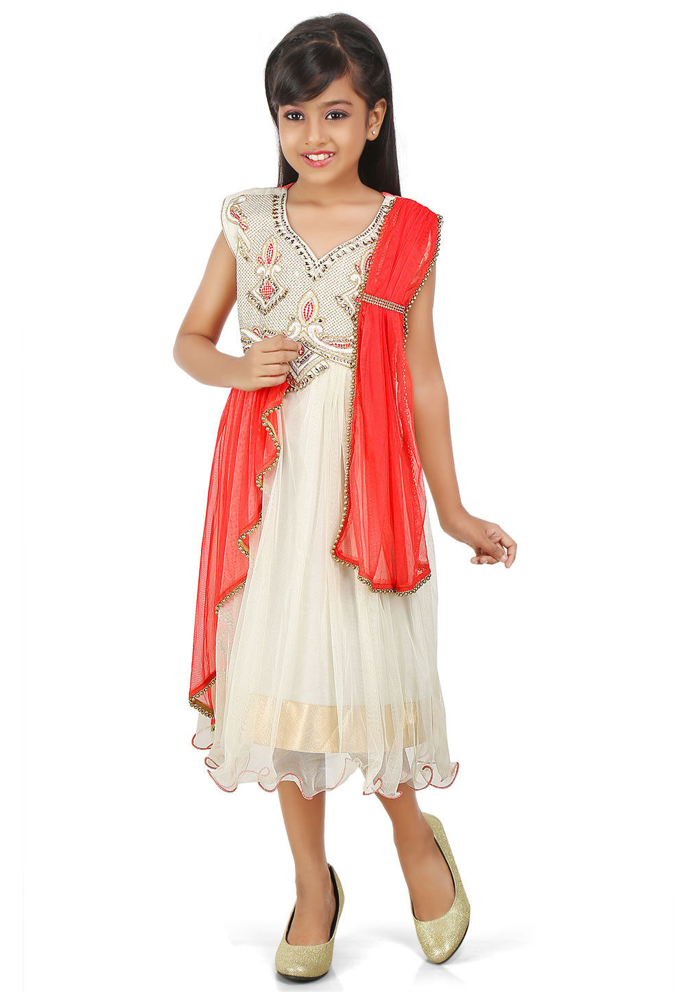 Buy Embroidered Net Silk Dress in Off White and Red Online : UUF226 ...