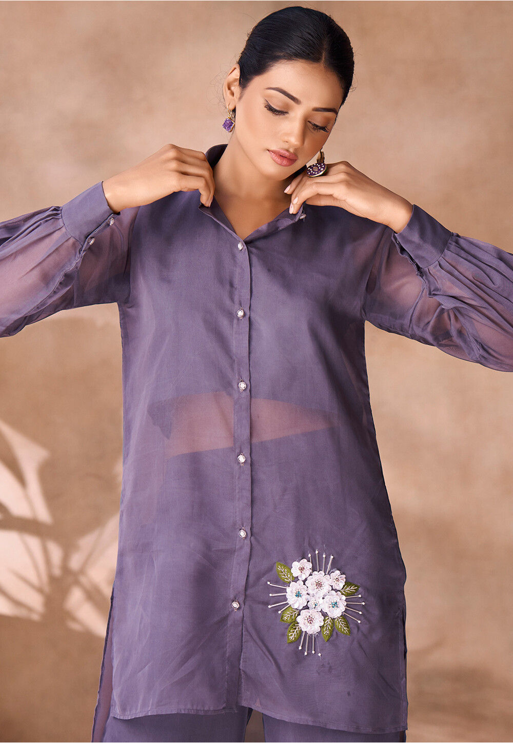 Buy Embroidered Organza High Low Tunic Set in Purple Online : THY132 ...