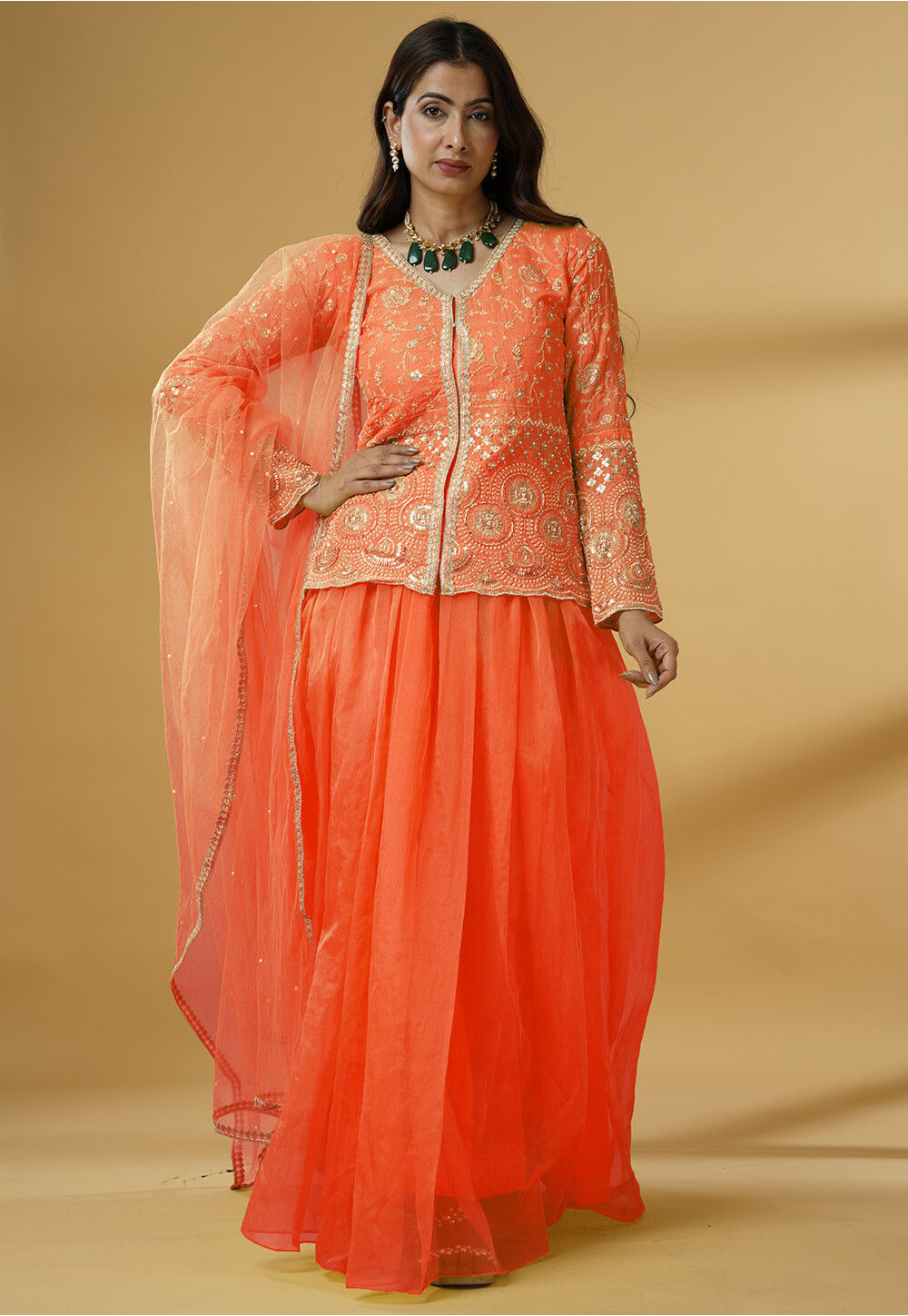 Buy Embroidered Organza Lehenga in Orange Online : LUFC13 - Utsav Fashion