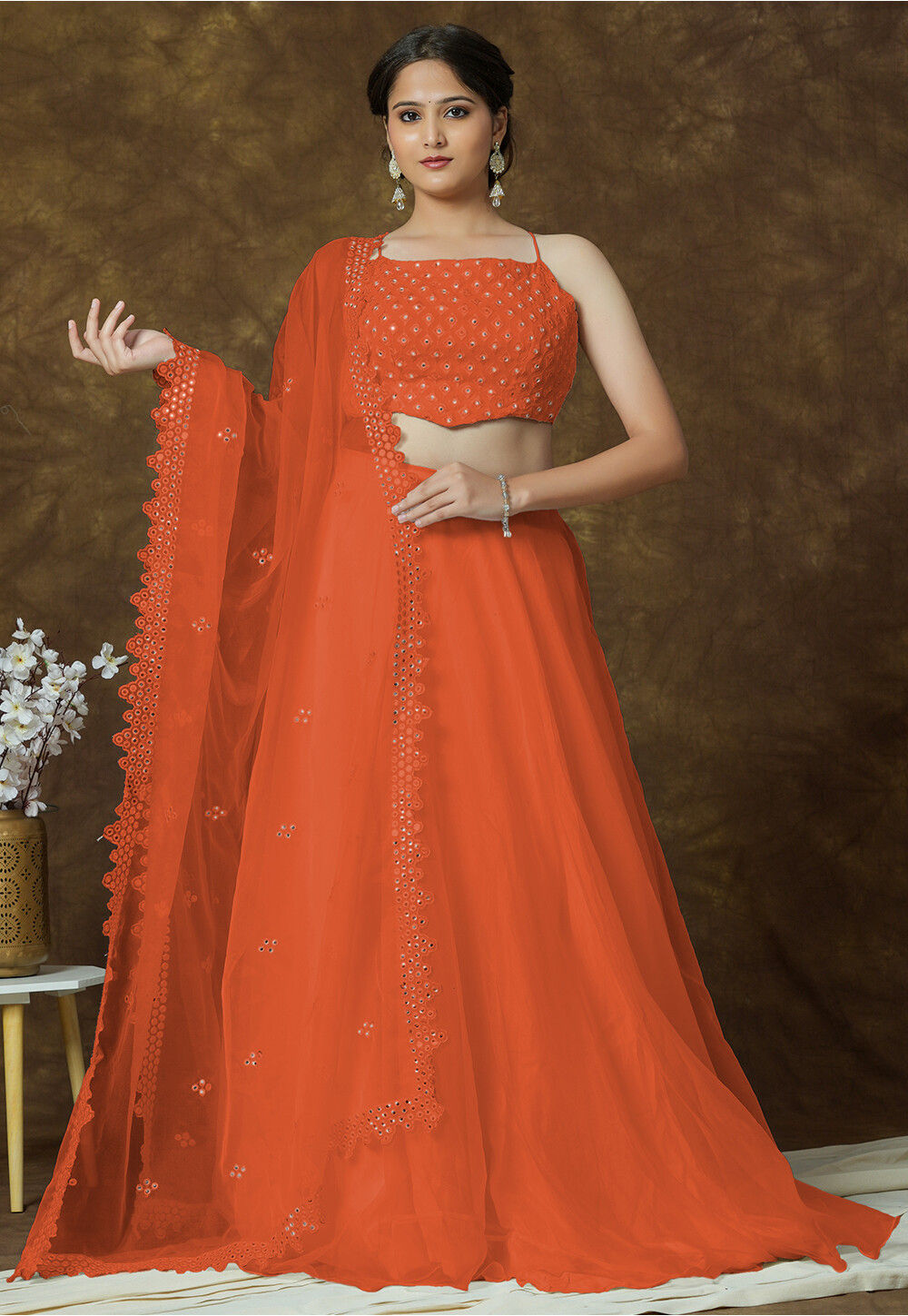 Buy Embroidered Organza Lehenga in Rust Online : LJN1877 - Utsav Fashion