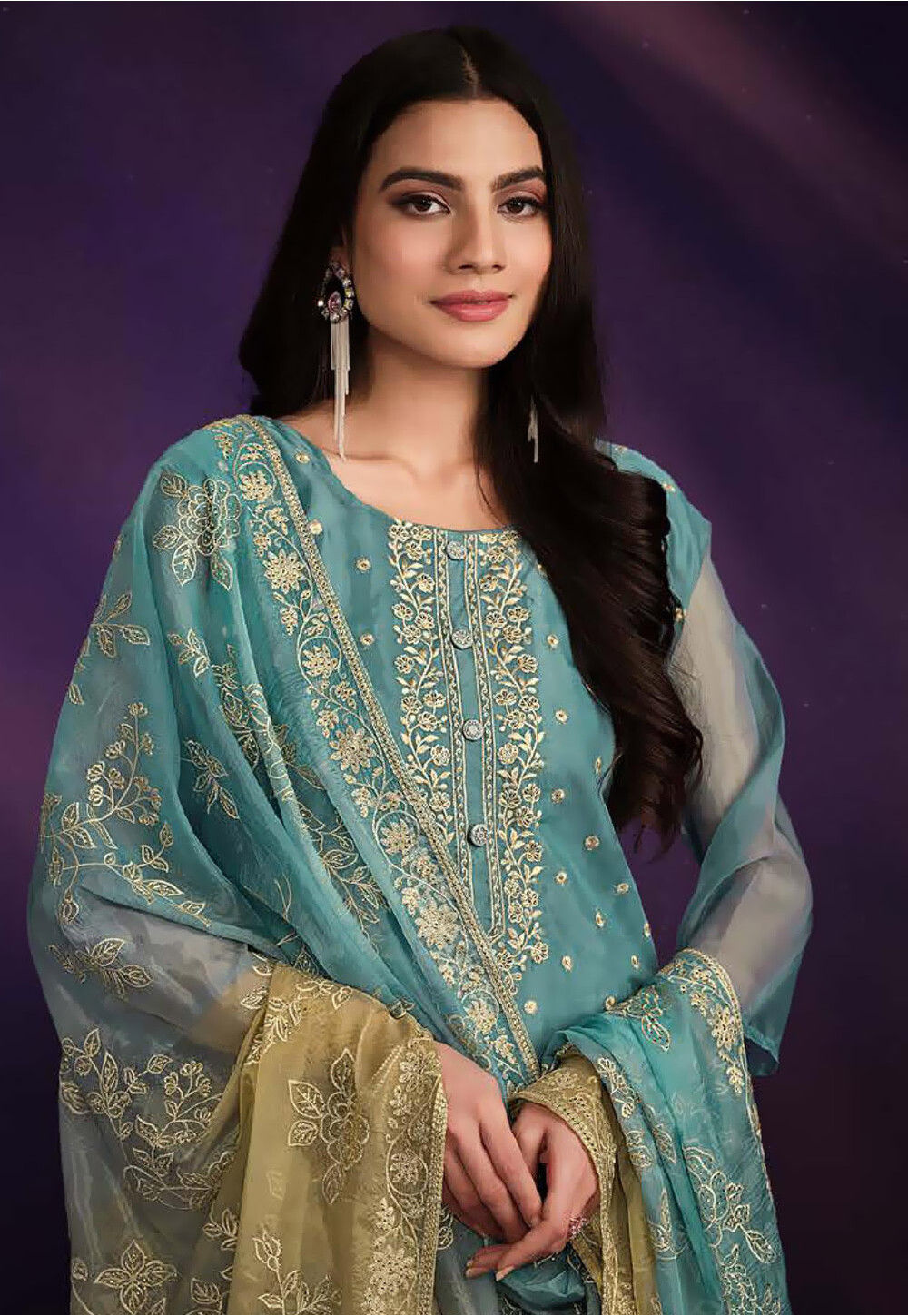 Buy Embroidered Organza Pakistani Suit in Blue Online : KCH13043 ...