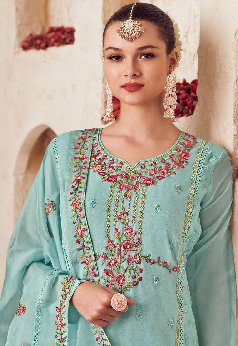 Buy Embroidered Organza Pakistani Suit in Light Blue Online : KPV1584 ...