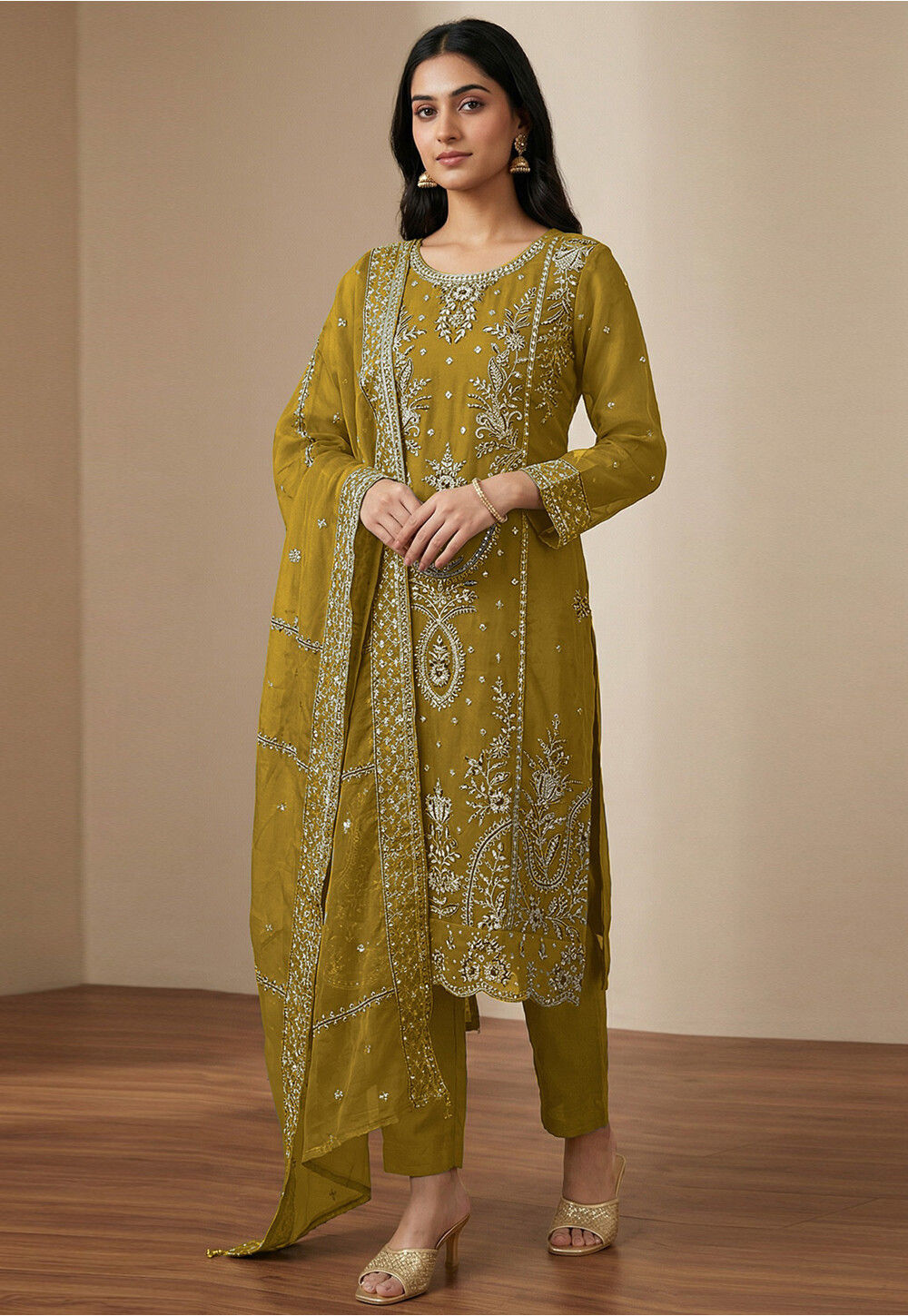 Buy Embroidered Organza Pakistani Suit in Mustard Online : KQT775 ...