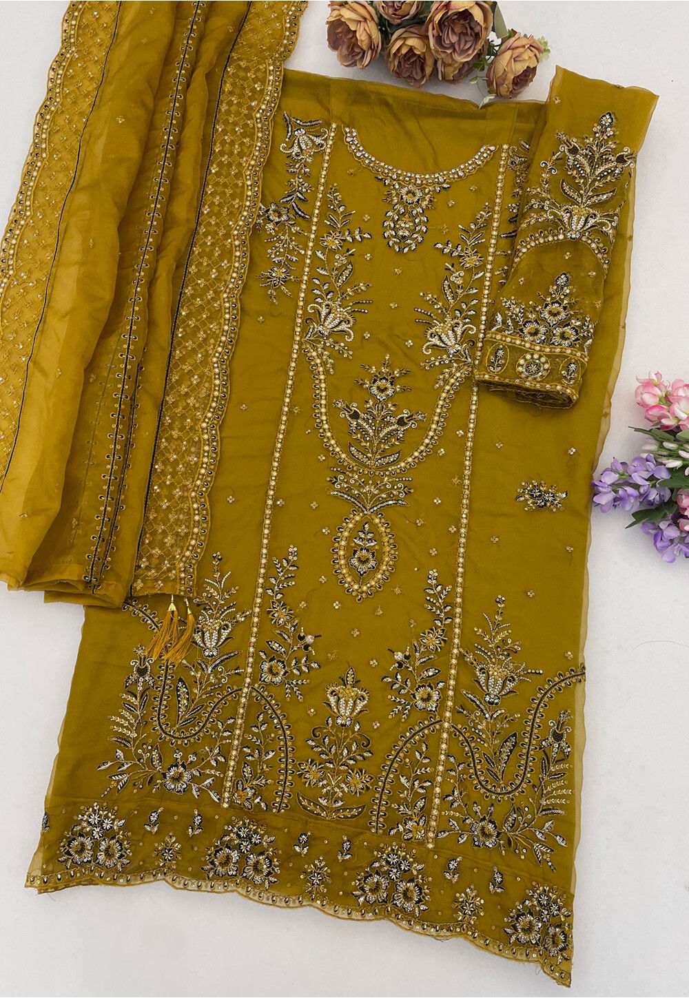 Buy Embroidered Organza Pakistani Suit in Mustard Online : KQT775 ...
