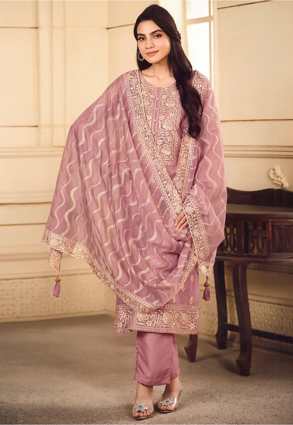 Buy Embroidered Organza Pakistani Suit in Old Rose Online : KVG500 ...