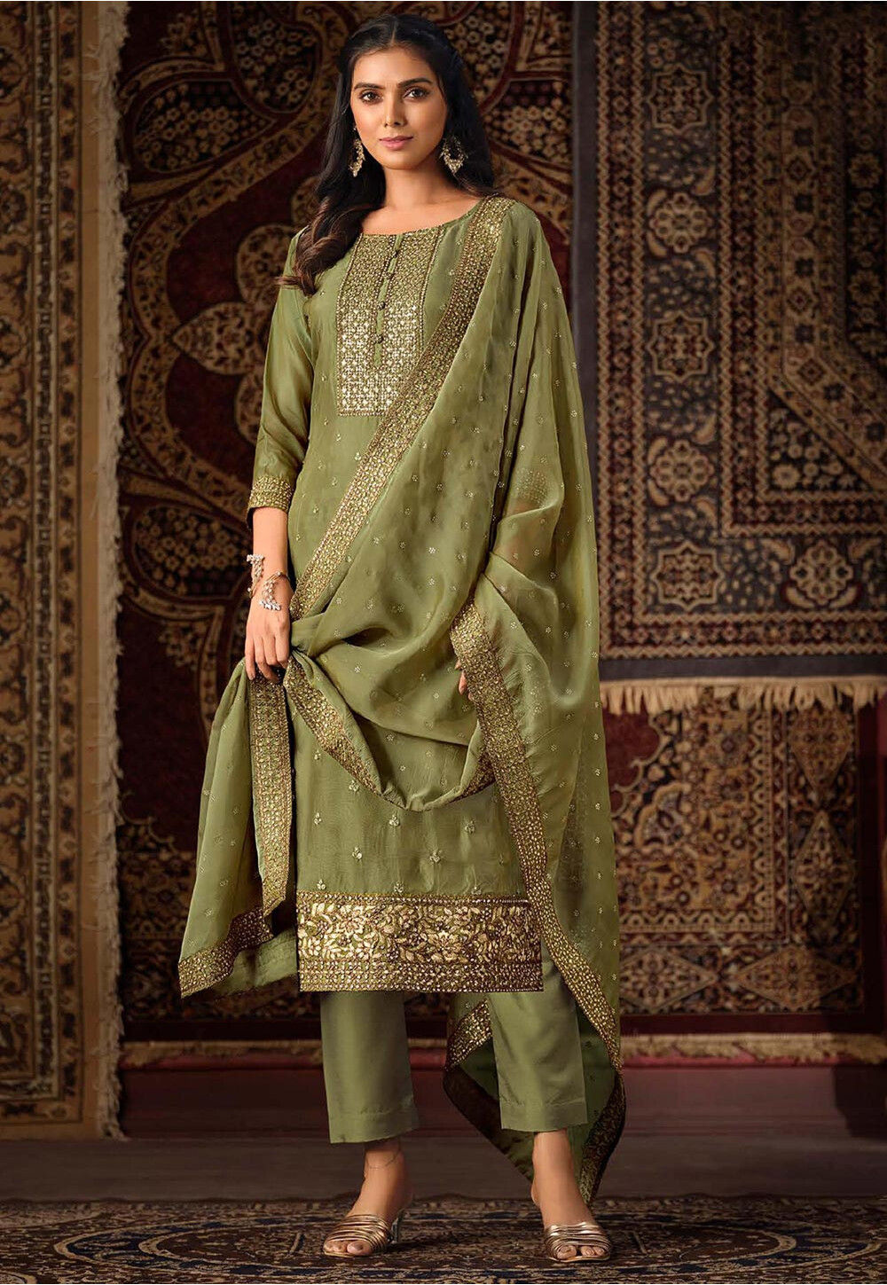 Buy Embroidered Organza Pakistani Suit in Olive Green Online : KVG576 ...