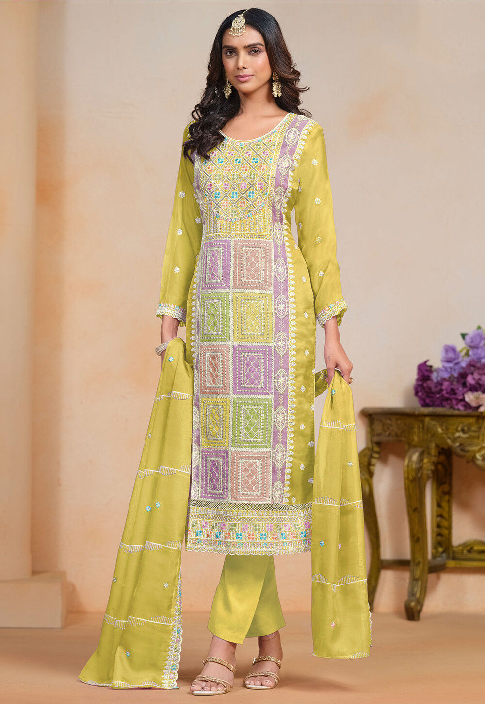 Buy Embroidered Organza Pakistani Suit in Yellow Online : KCH14054 ...