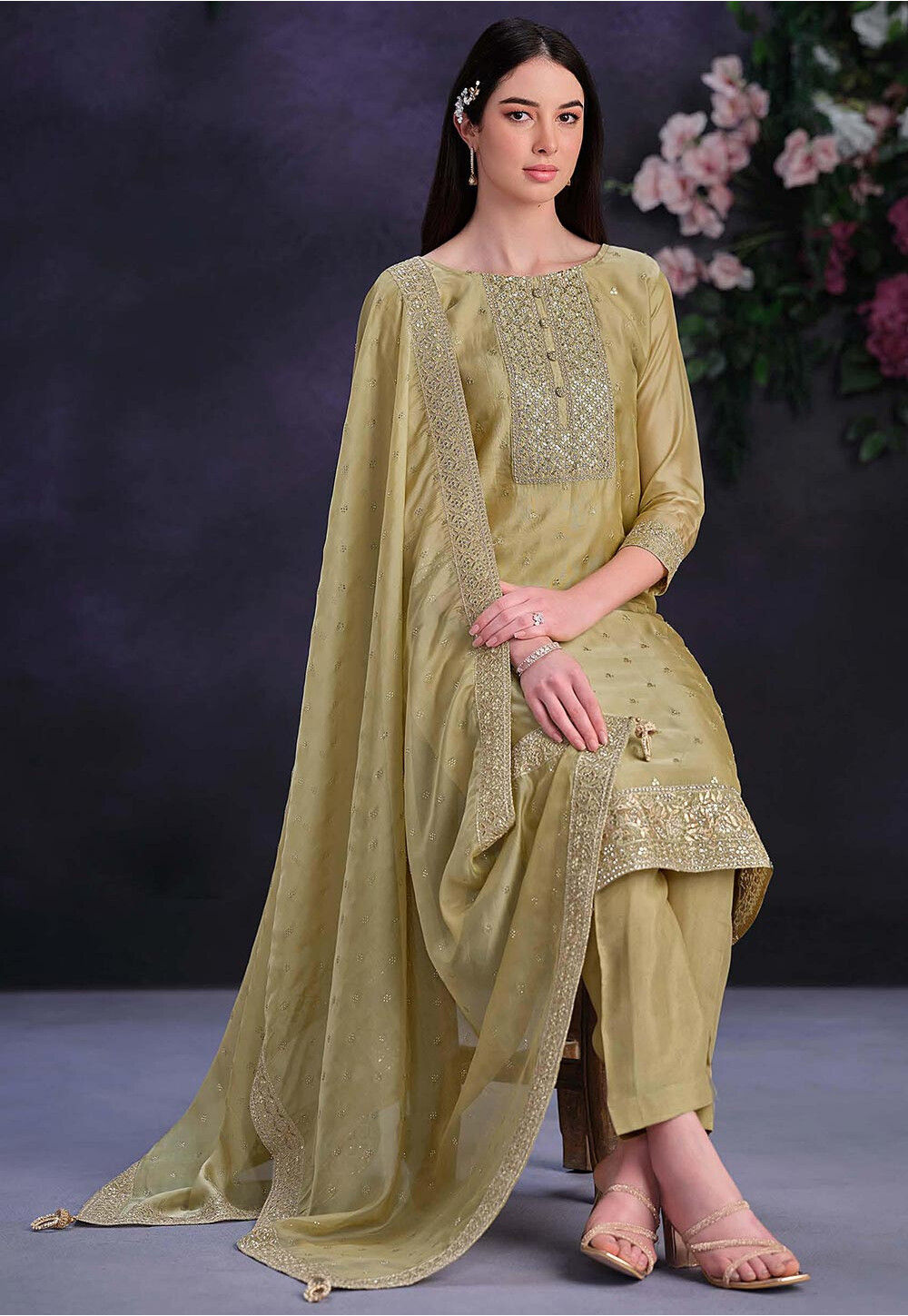 Buy Embroidered Organza Pakistani Suit in Yellow Online : KVG578 ...