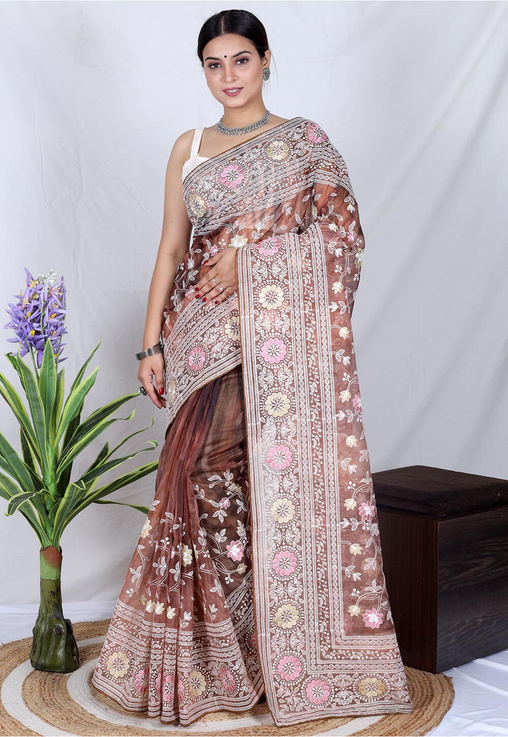 Buy Embroidered Organza Saree in Brown Online : SPF9997 - Utsav Fashion