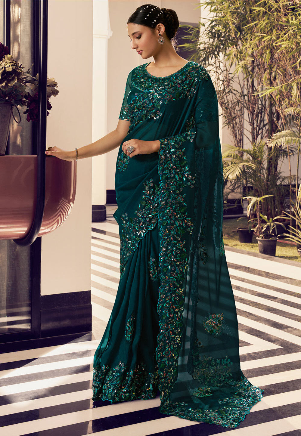 Buy Embroidered Organza Saree in Dark Teal Green Online : SBQ247 ...