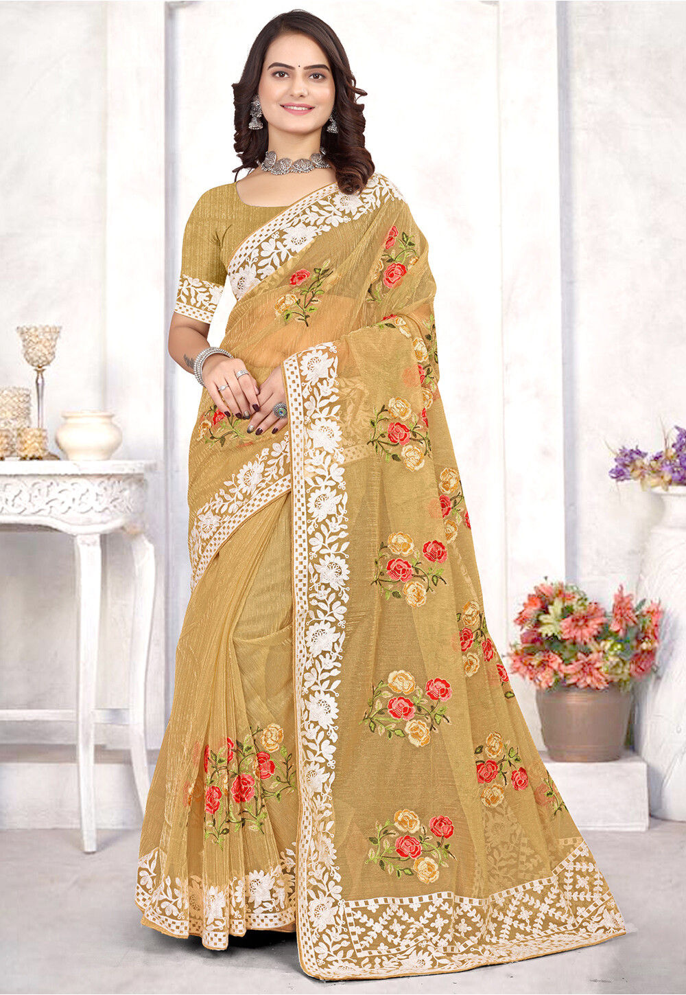 Buy Embroidered Organza Saree in Light Brown Online : SCBA5057 - Utsav ...