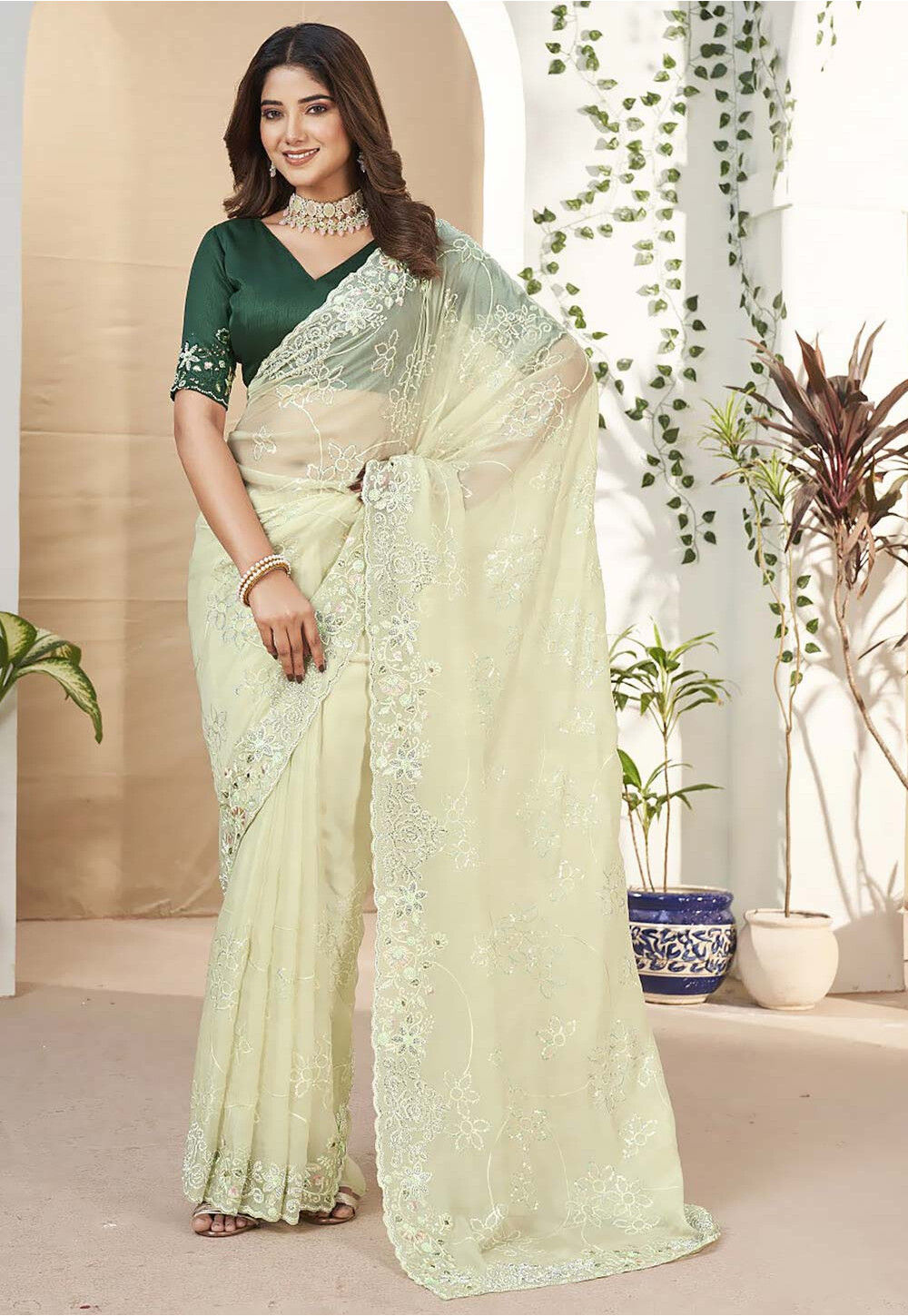 Buy Embroidered Organza Saree in Light Green Online : SSEA796 - Utsav ...