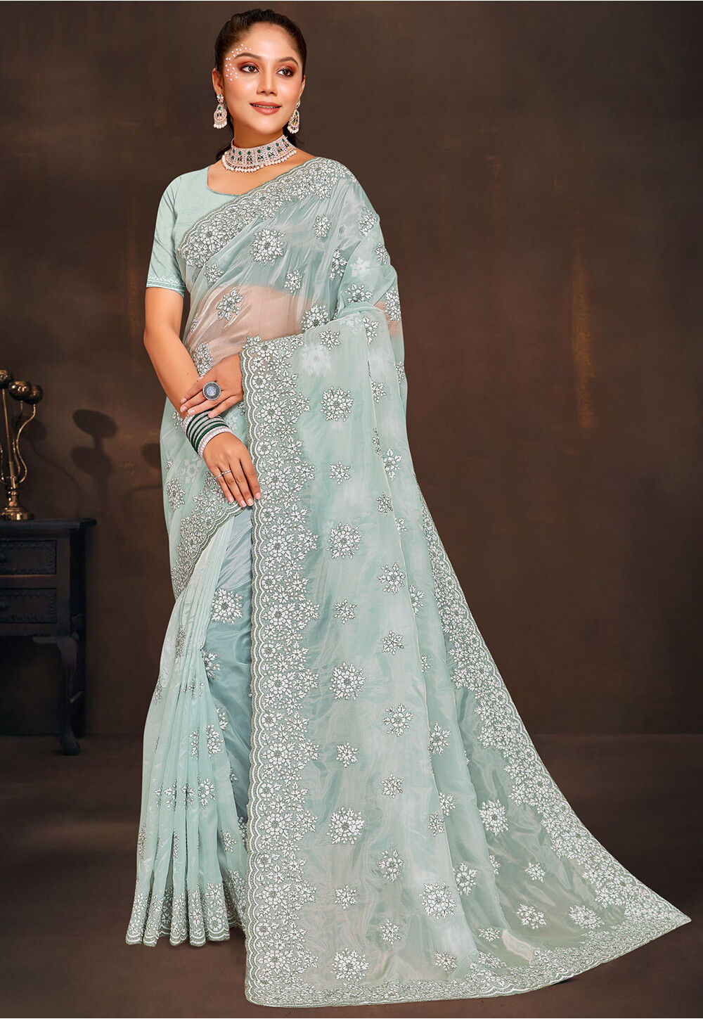 Buy Embroidered Organza Saree in Sea Green Online : SCBA5025 - Utsav ...
