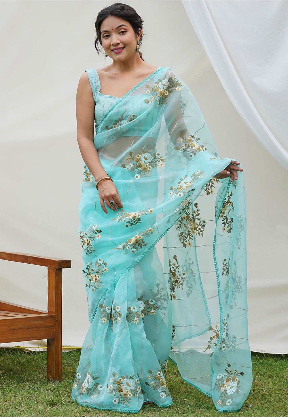 Buy Embroidered Organza Saree in Sky Blue Online : SPF9214 - Utsav Fashion