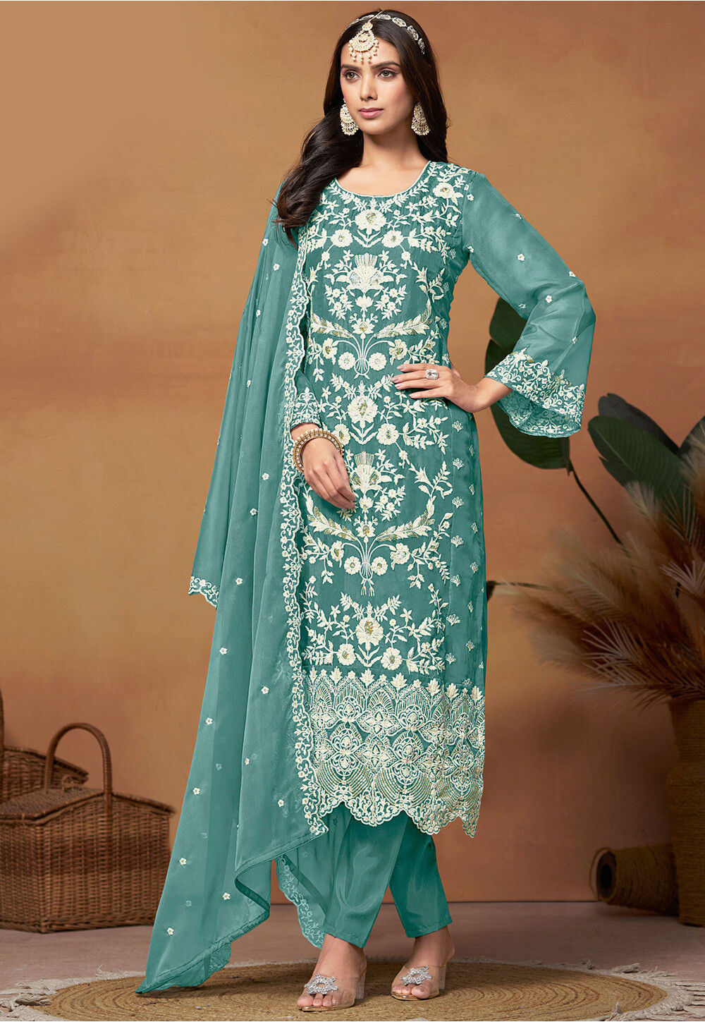 Buy Embroidered Organza Scalloped Pakistani Suit in Turquoise Online ...