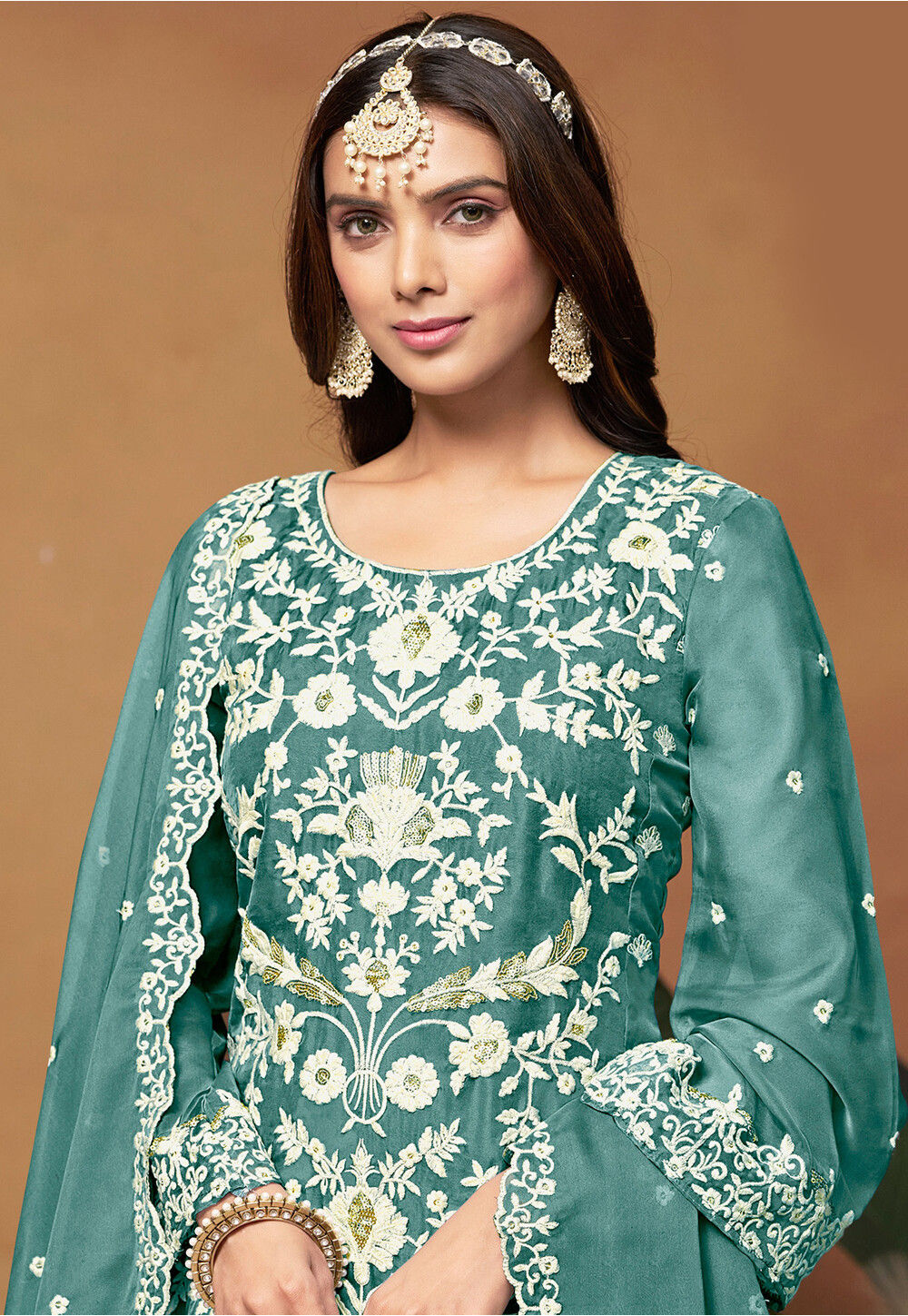Buy Embroidered Organza Scalloped Pakistani Suit in Turquoise Online ...