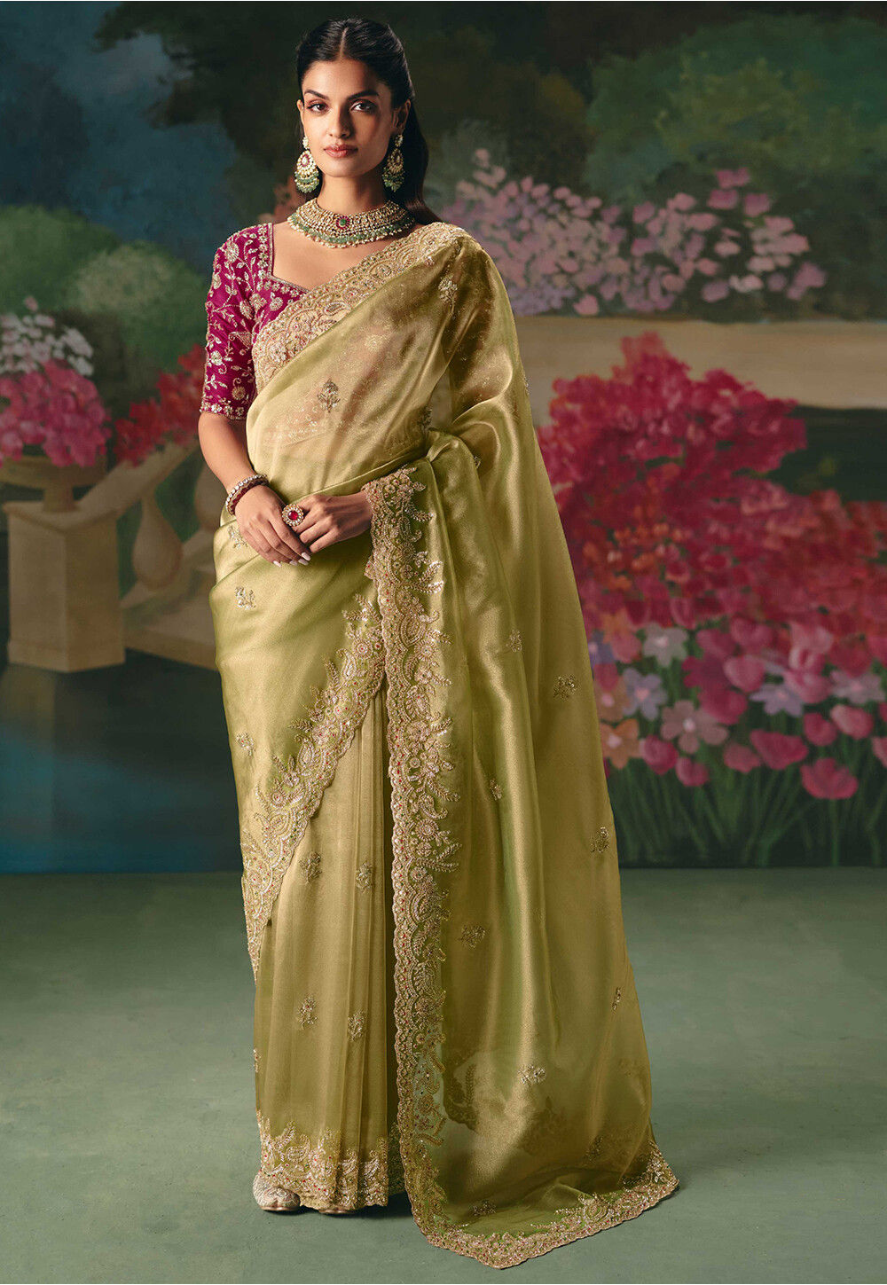 Buy Embroidered Organza Scalloped Saree in Light Green Online ...