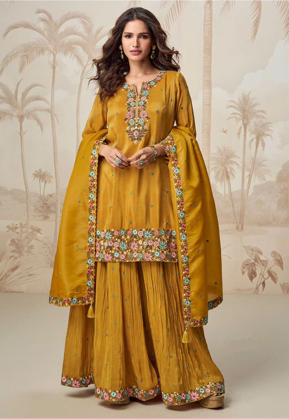 Buy Embroidered Organza Silk Pakistani Suit in Mustard Online ...