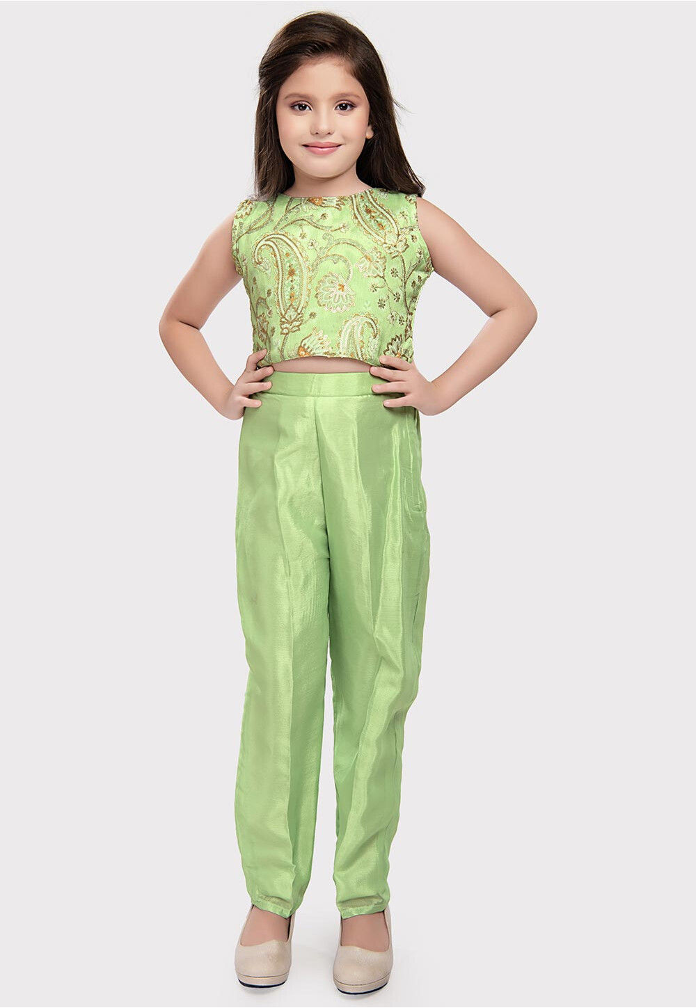 Buy Embroidered Polyester Crop Top Set with Jacket in Light Green ...