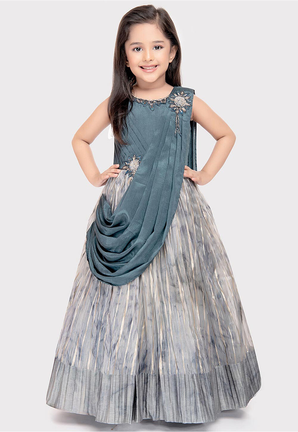 Buy Embroidered Polyester Gown with attached Dupatta in Dusty Blue and ...