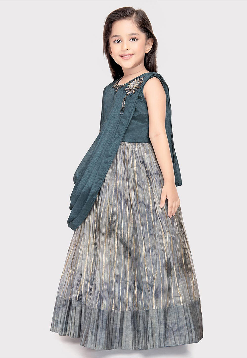 Buy Embroidered Polyester Gown with attached Dupatta in Dusty Blue and ...