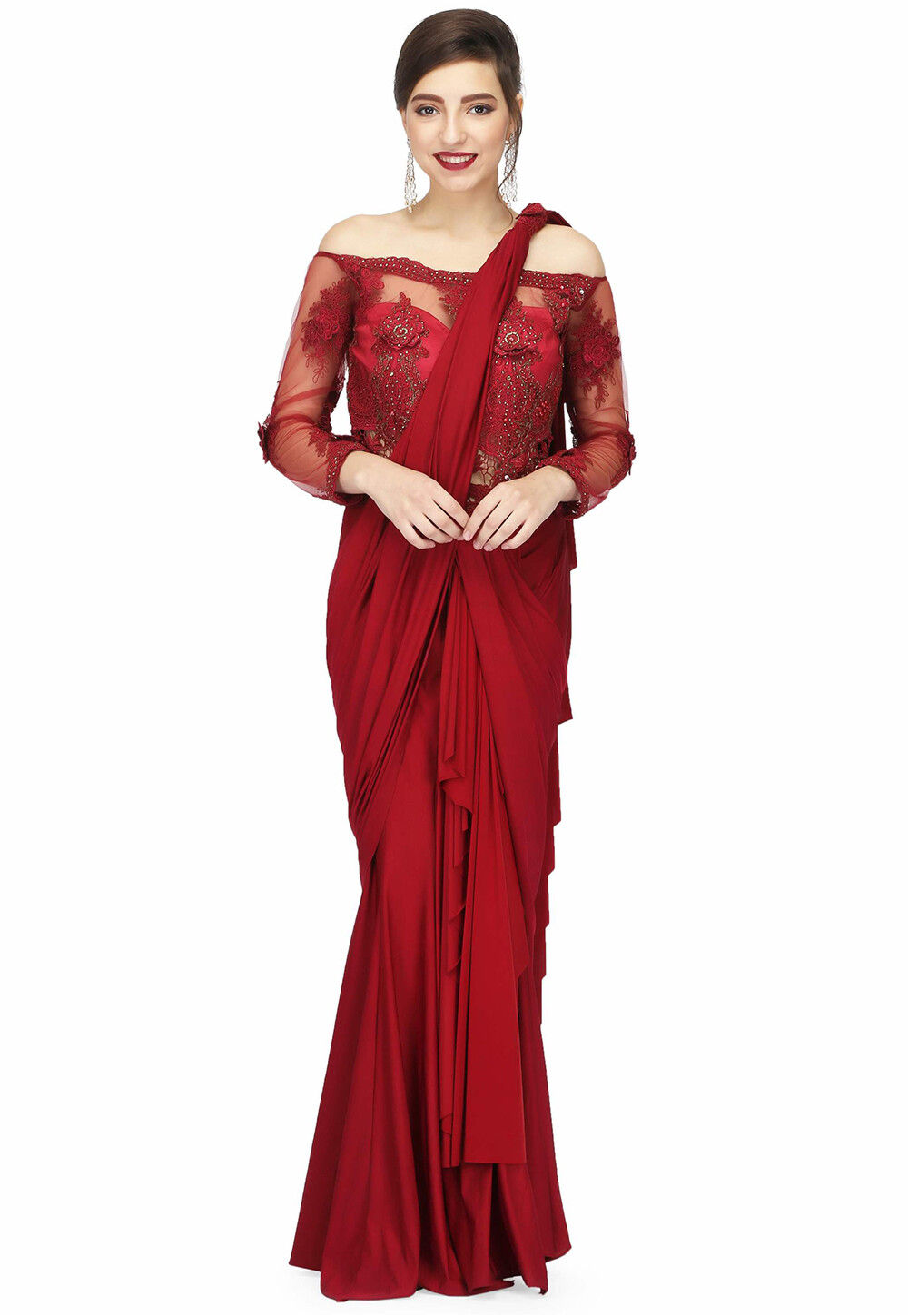 Buy Embroidered Polyester Gown with attached Dupatta in Maroon Online ...