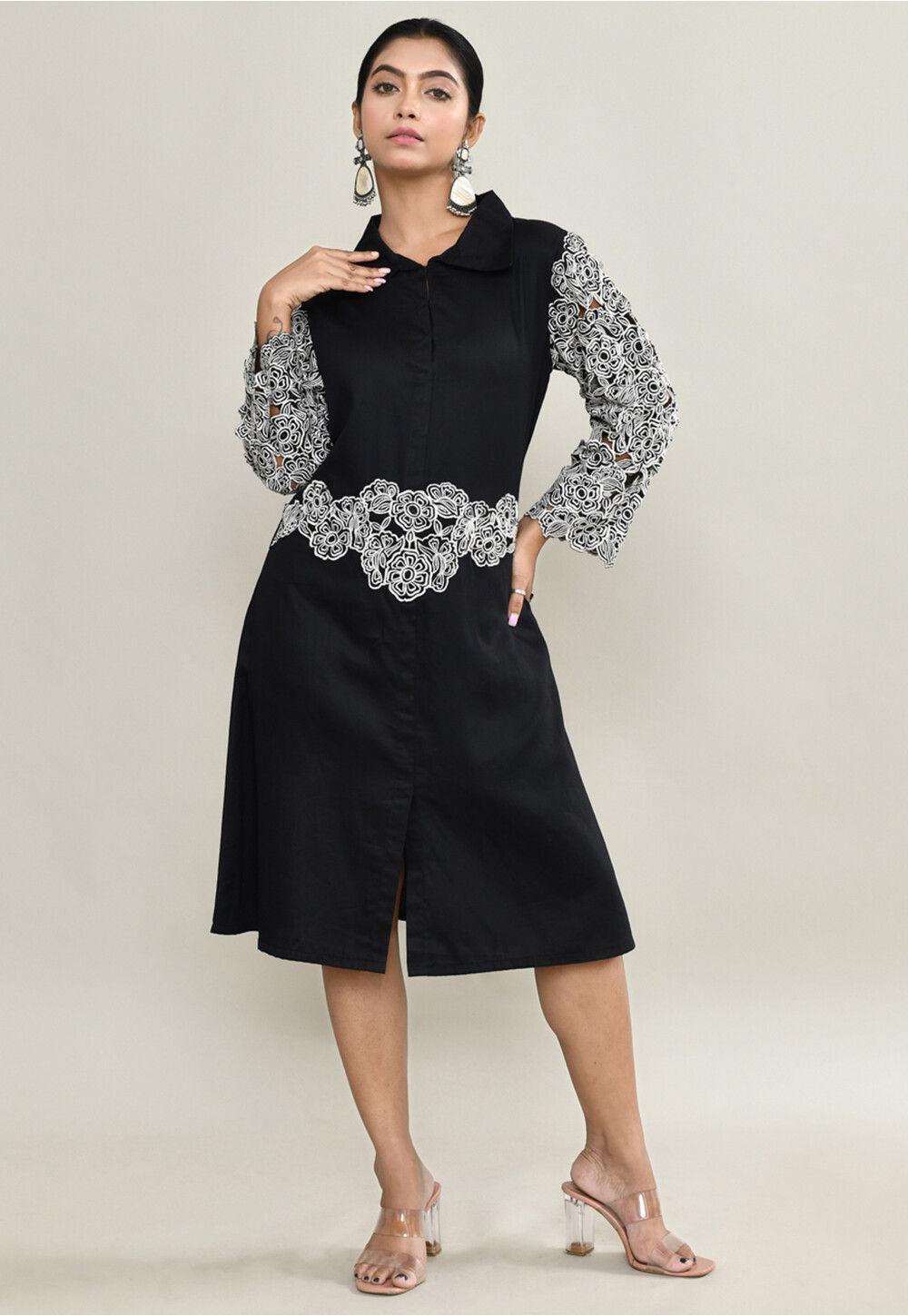 Buy Embroidered Pure Cotton A Line Front Slit Dress in Black Online ...