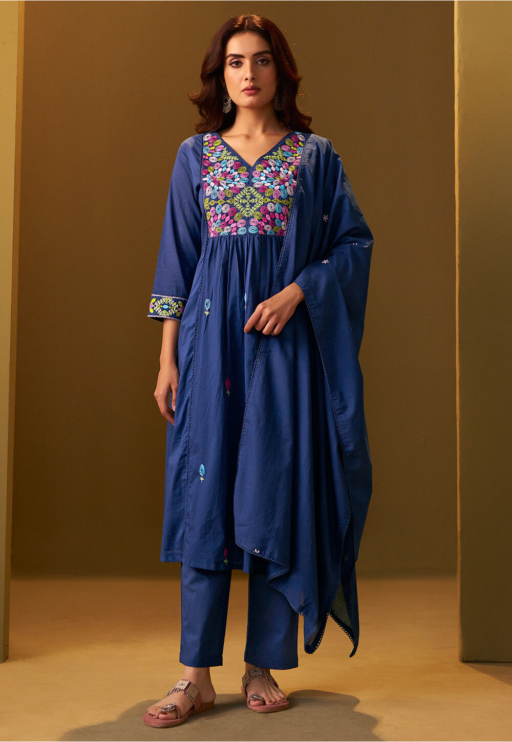Buy Embroidered Pure Cotton A Line Suit in Navy Blue Online : KJZ343 ...